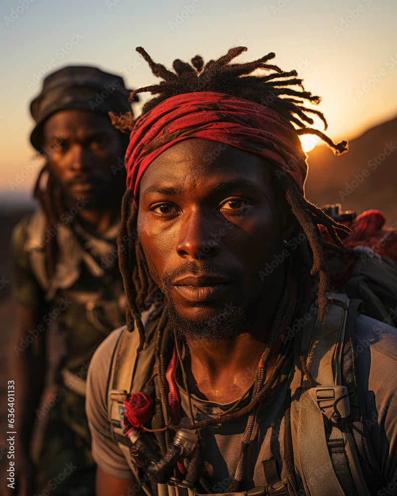 Two Black African men stand side by side charging forward with a sense ...