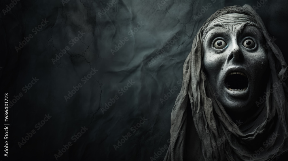 Meeting a deceased loved shocked face on a dark background with a place ...