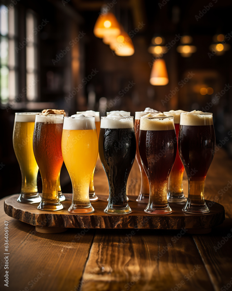 Various types of beers, freshly poured into glasses, showcasing a ...