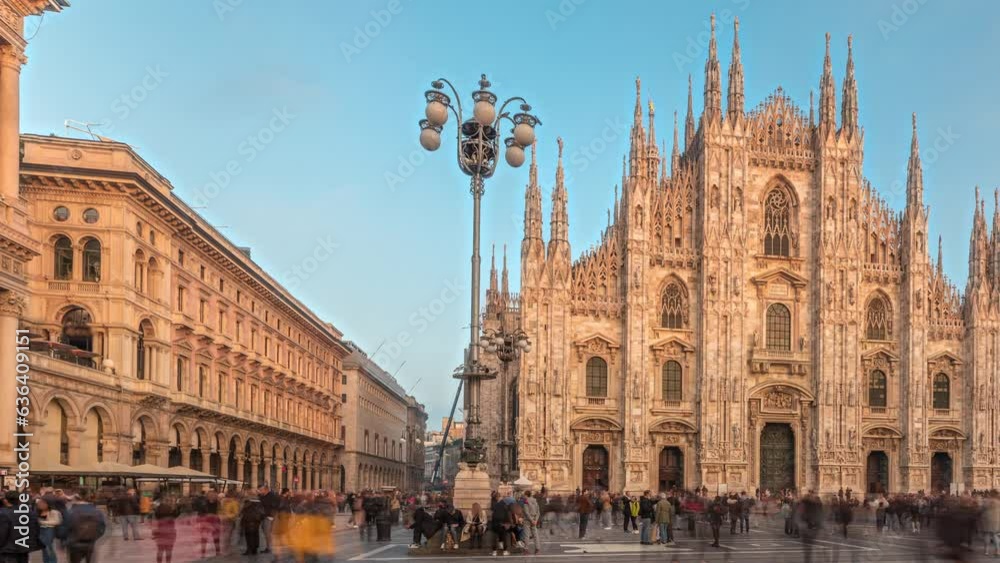 Panorama showing Milan Cathedral and historic buildings timelapse ...