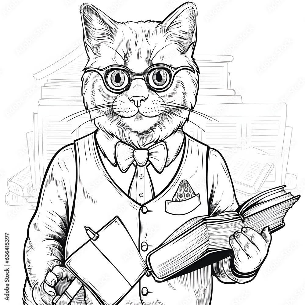 sketch of a cat with a book,a black and white drawing in a coloring ...
