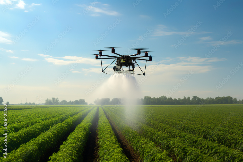 Generative Ai illustration of Drone flying and spraying crop fields with ecological and ...