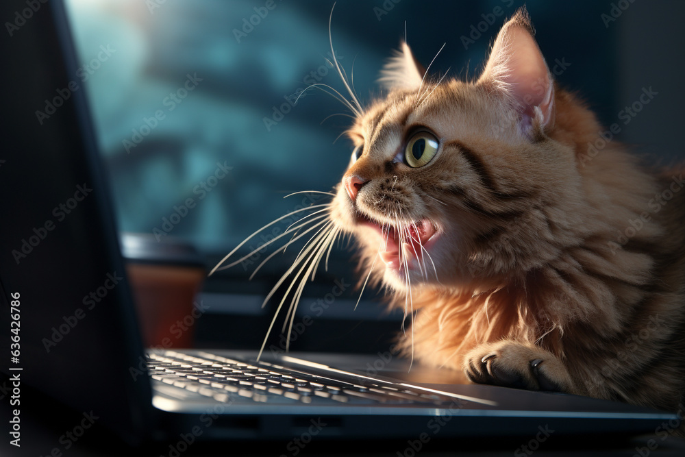 The cat with a surprised face. looking at the laptop computer screen ...