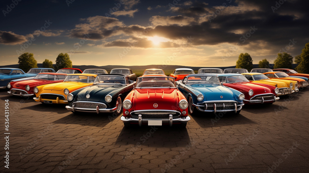 retro cars of different colors in the parking lot. retro car exhibition ...