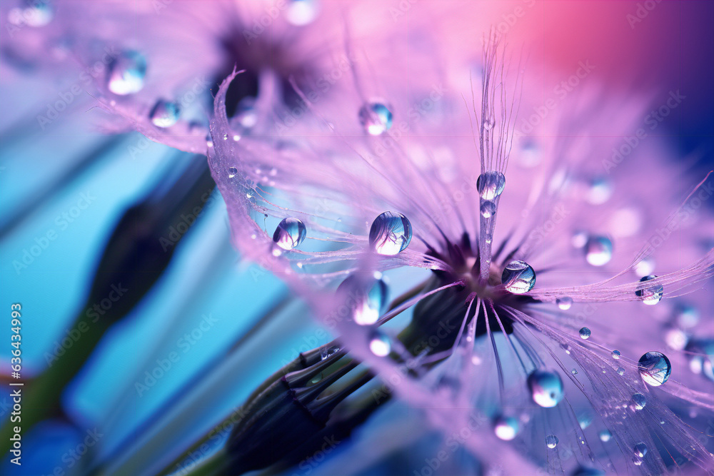 Beautiful dew drops on a dandelion seed macro. Beautiful soft light ...