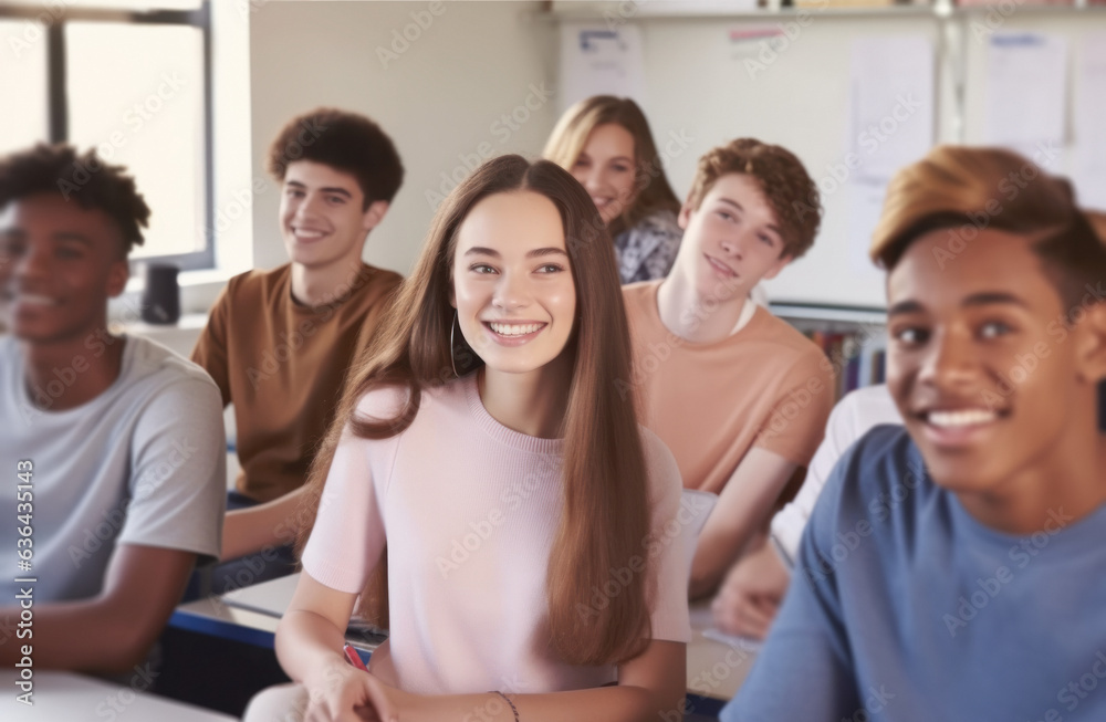 Teenage students from different cultural backgrounds smile as they ...