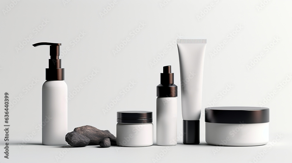 Cosmetics set non textured render mockup. Set of cosmetic bottles on ...
