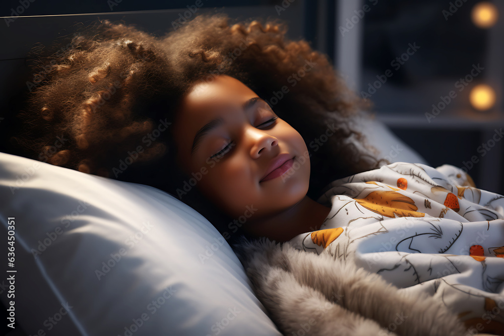 African American girl sleeping in her bed in a dark children's room ...