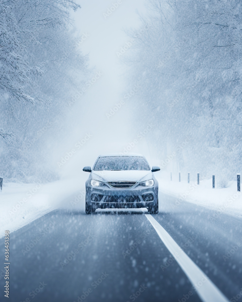 Car driving on a highway in a blizzard with the road covered in snow ...