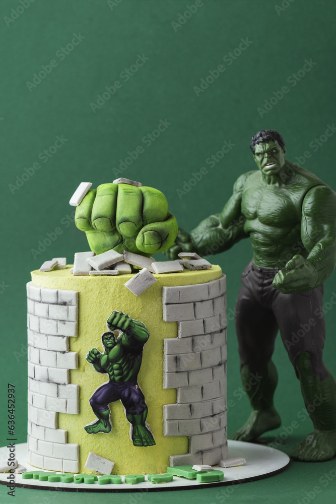 KYIV, UKRAINE - August 02: Birthday cake for a boy decorated with Hulk ...
