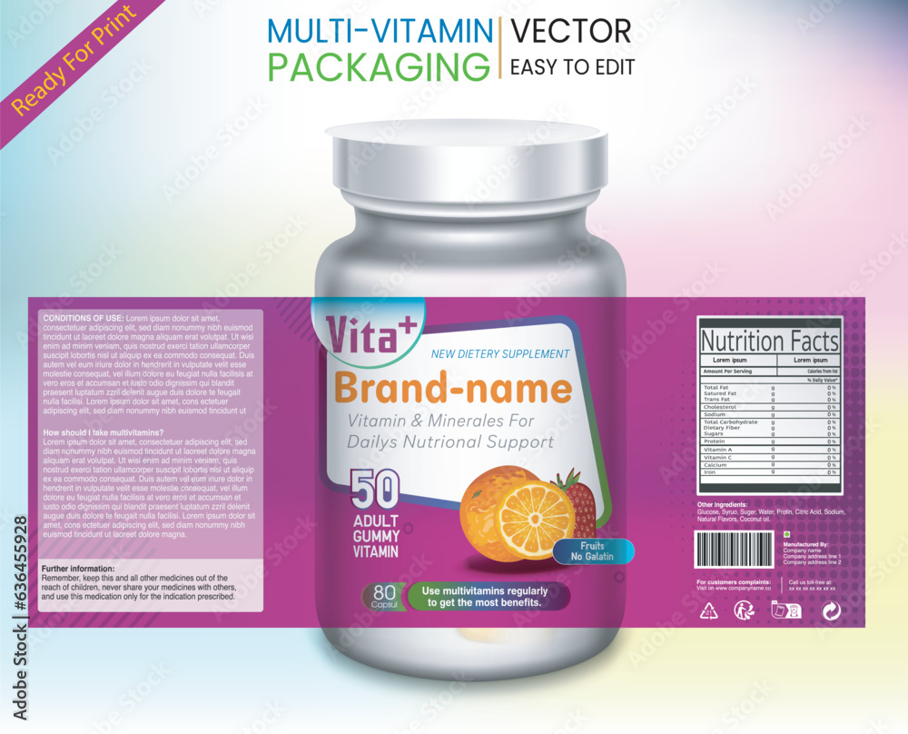 Multivitamin Label, Vita Plus, Vitamin pack, Supplement labels, Vector ...