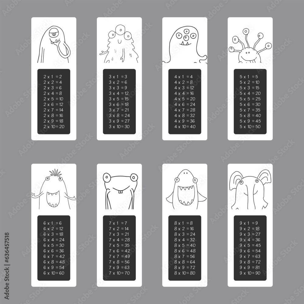 Multiplication table with cute monsters, Cartoon monster bookmarks ...