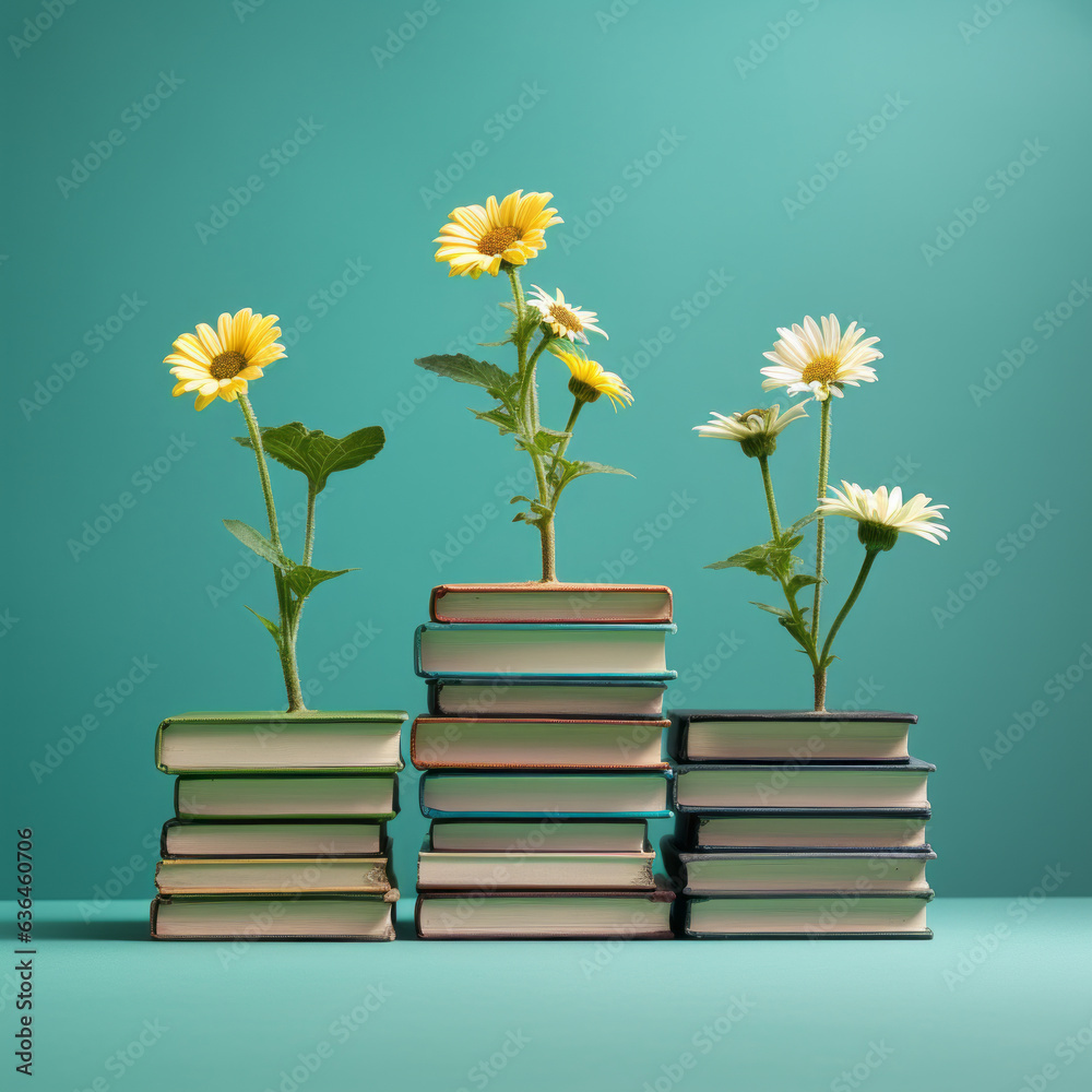 Aesthetic composition of books with colorful flowers on a pastel green ...