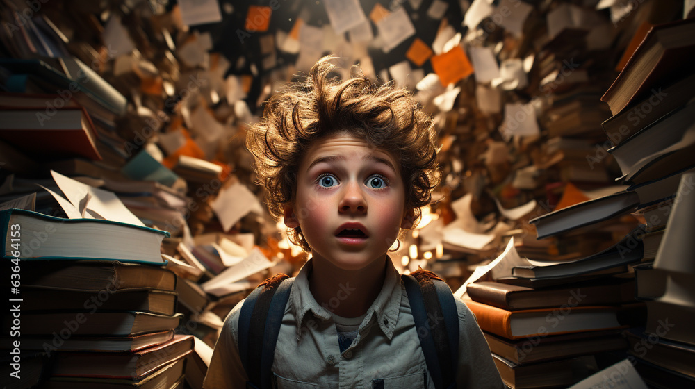 Young boy student sitting stunned and overwhelmed amidst a never ending ...