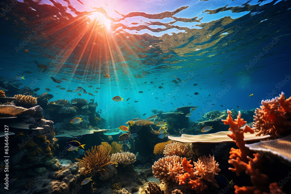 Underwater world with corals turtle fishes ocean inside. coral reef ...