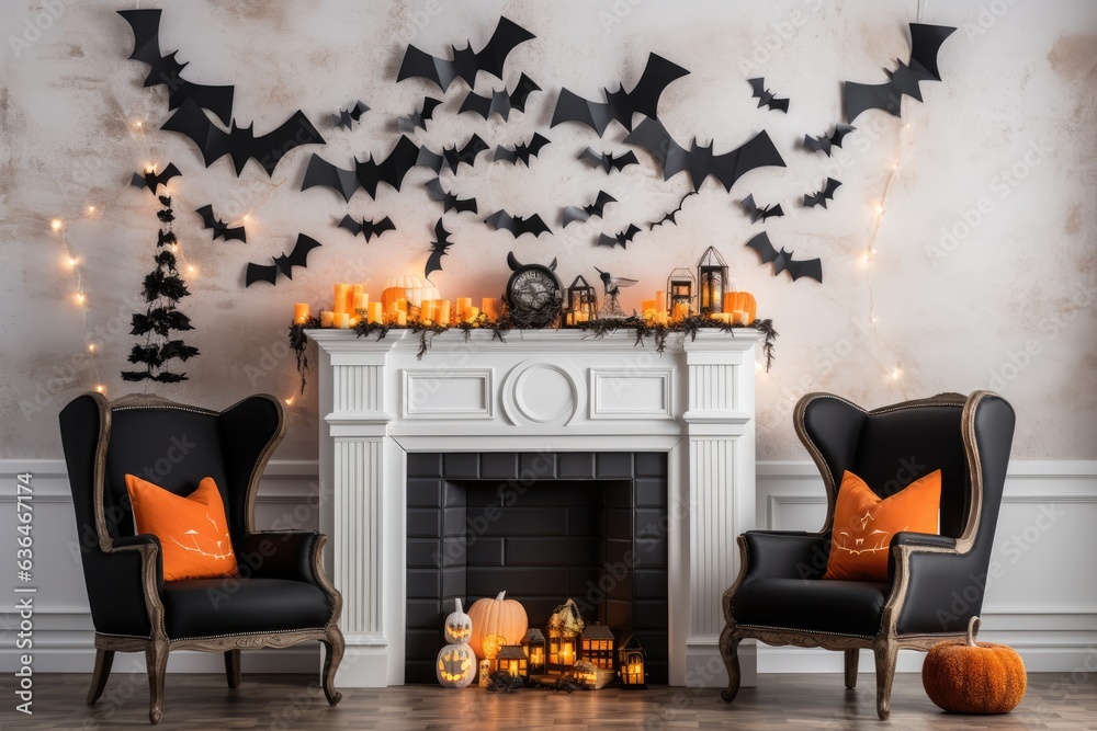 Cozy and Spooky Halloween Living Room with Fireplace and Bats ...
