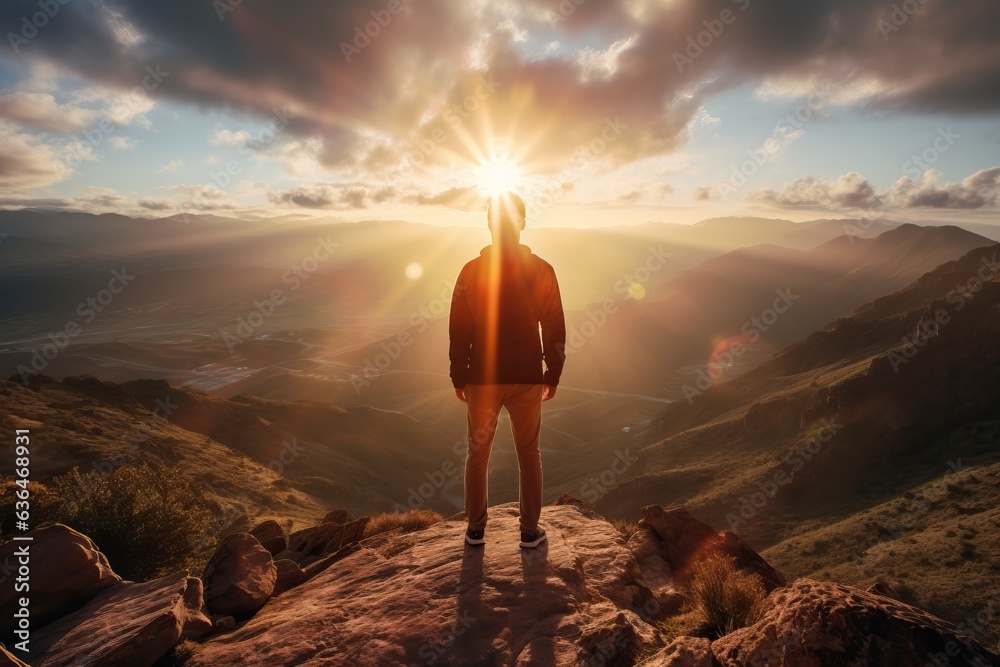 Silhouette of a Determined Man Standing Triumphant on the Majestic ...