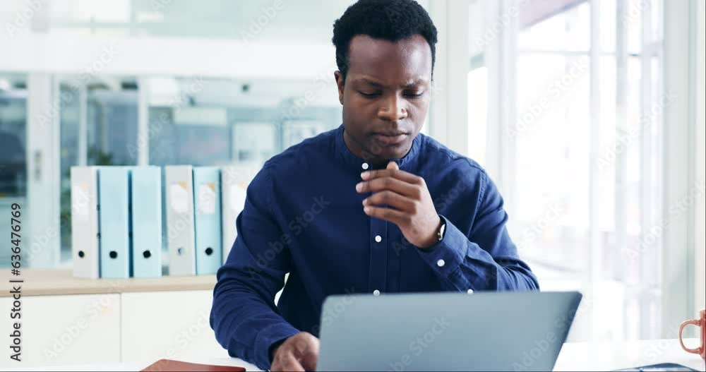 Laptop, thinking and black man doing research in the office for a ...