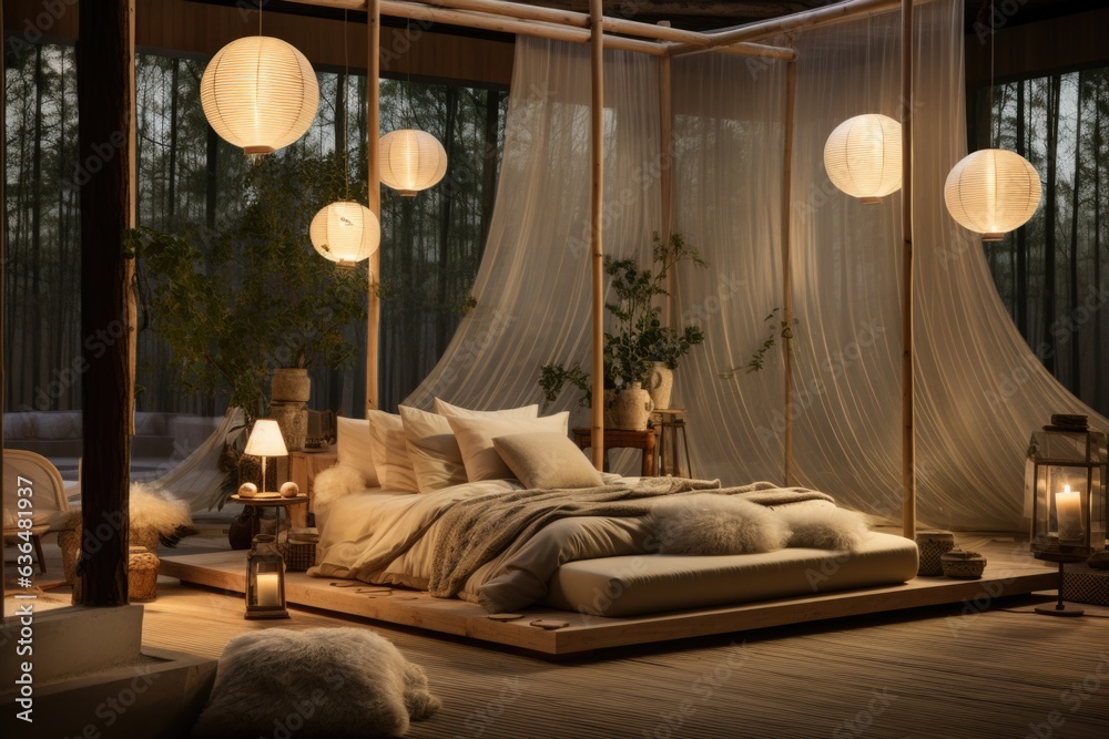 Zen Oasis: A serene room with a wooden platform bed, paper lanterns ...