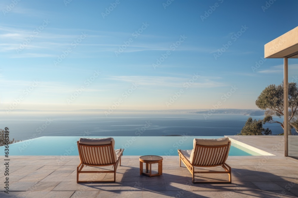 A tranquil scene featuring two deck chairs positioned on a sunlit ...