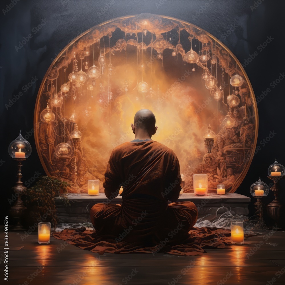tranquil monk in lotus pose amidst flames and lightnings, Generative AI ...