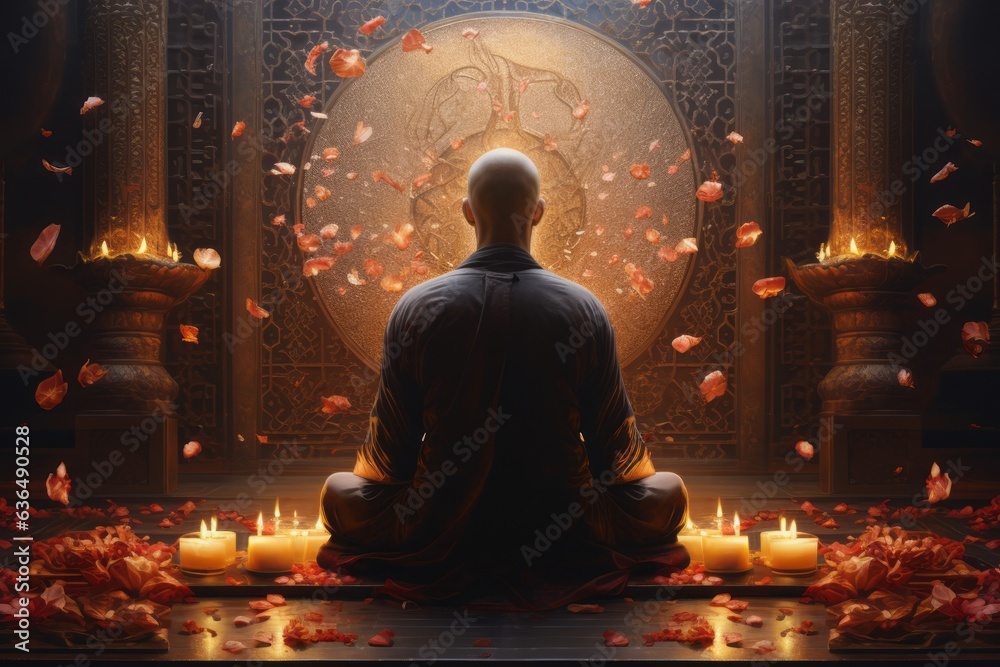 tranquil monk in lotus pose amidst flames and lightnings, Generative AI ...