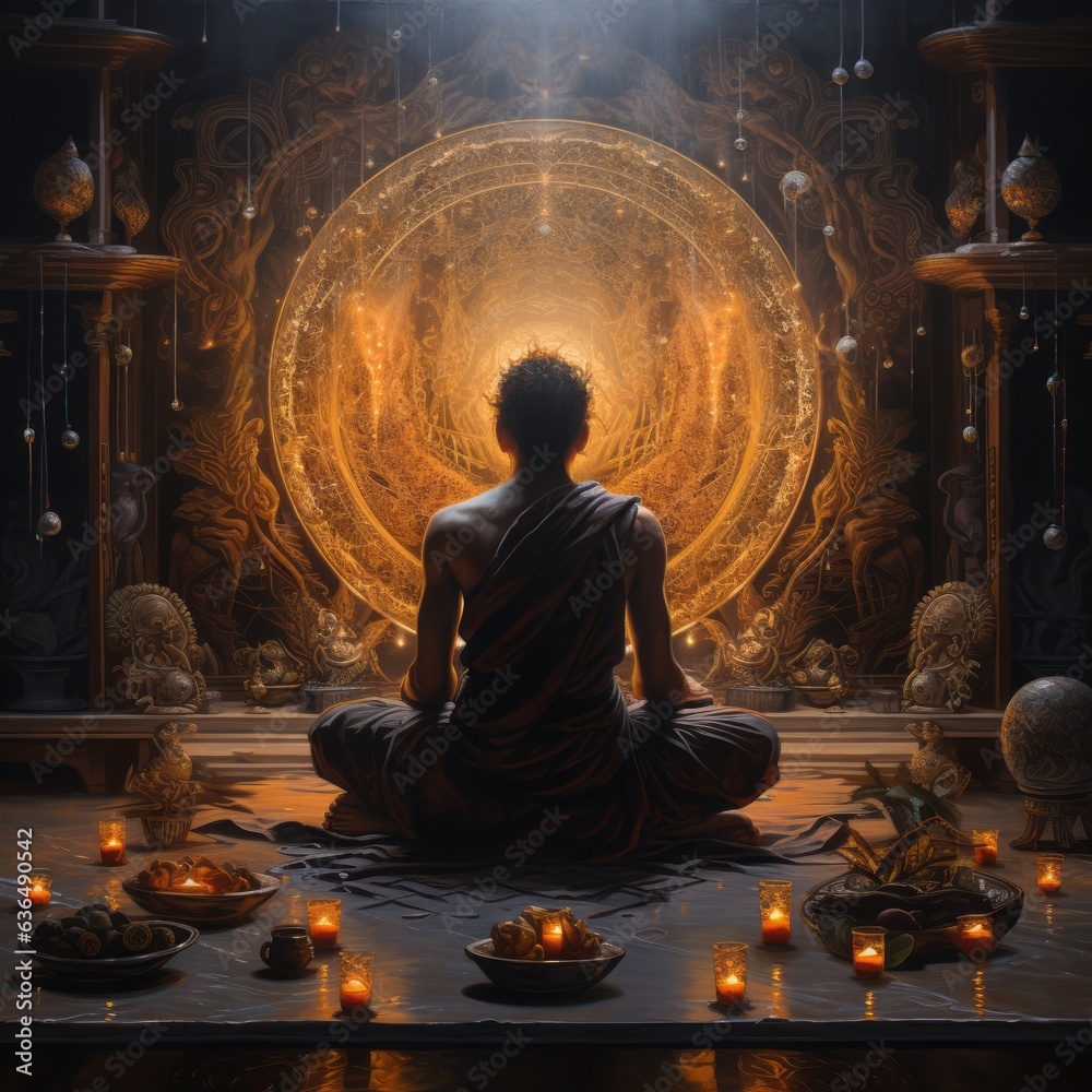 tranquil monk in lotus pose amidst flames and lightnings, Generative AI ...