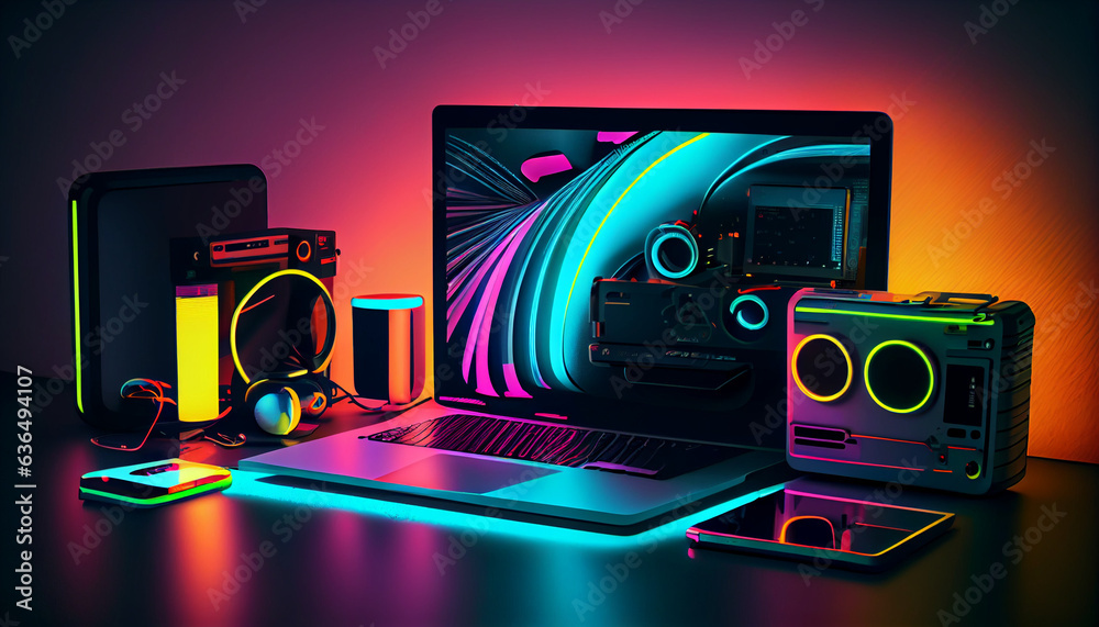 Modern neon technology concept with many expensive electronic gadgets ...
