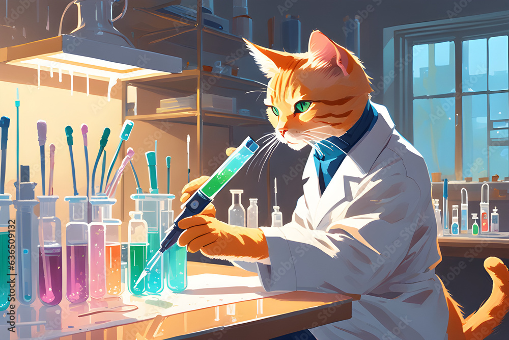 A cat wearing a lab coat is doing pipetting in a laboratory. Generative ...