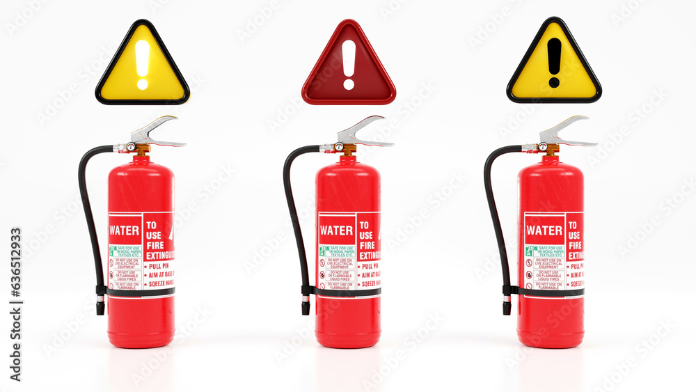 3D rendering of an exclamation mark with fire extinguishers on with ...