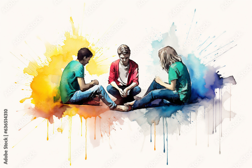 Watercolor Painting of a Group Therapy Session, Mental Health Concepts ...