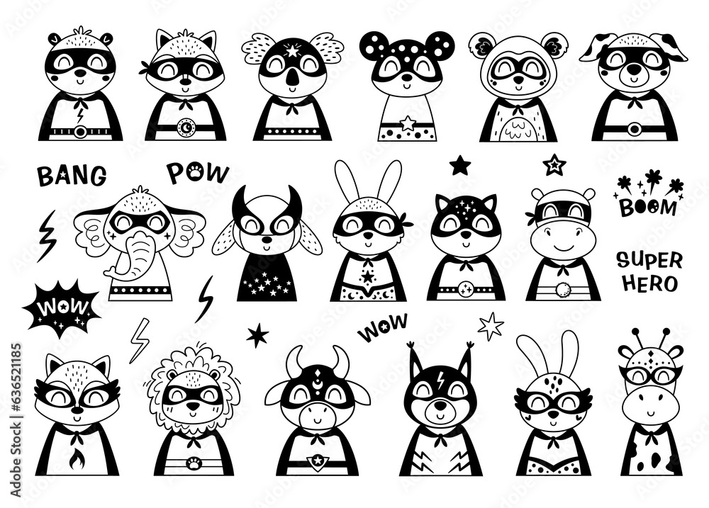 Superhero animals in masks and costumes. Black and white animals super ...