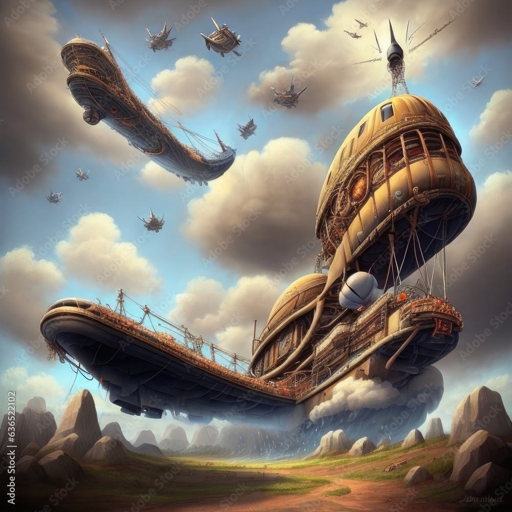 Antique steampunk airships in the sky. Aliens UFO spaceships attack on ...