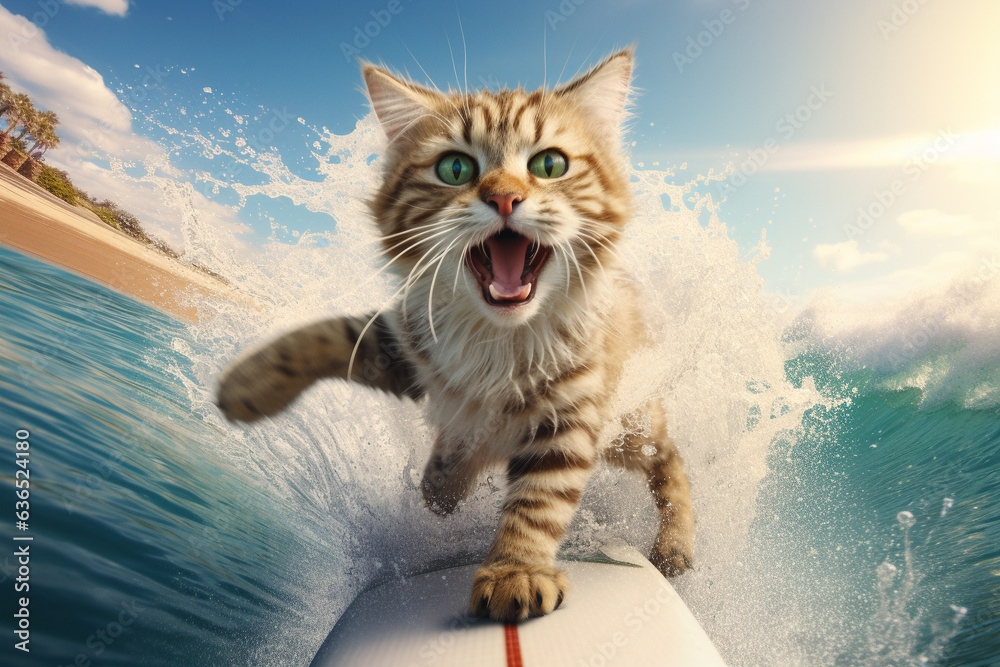 The surfboarding cat. A cat equipped with both courage and recklessness ...