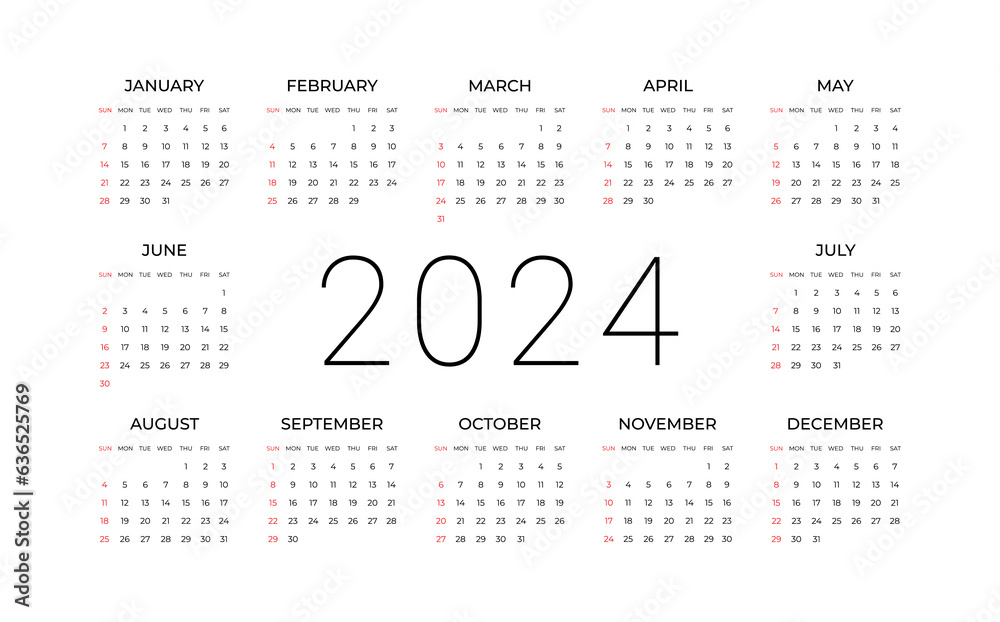 Yearly one page calendar for 2024. Weeks start from Sunday. Сorporate ...