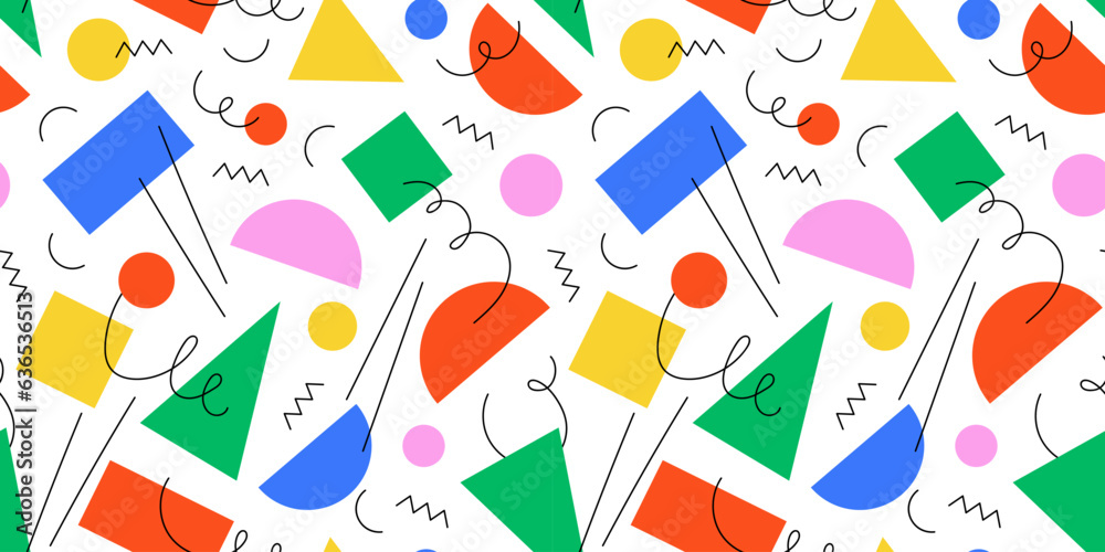 Abstract geometric shape seamless pattern with colorful doodles. Flat ...