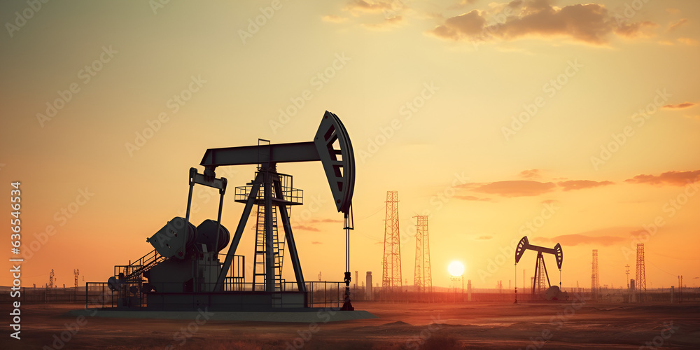 Oil drilling derricks at desert oilfield for fossil fuels output and ...