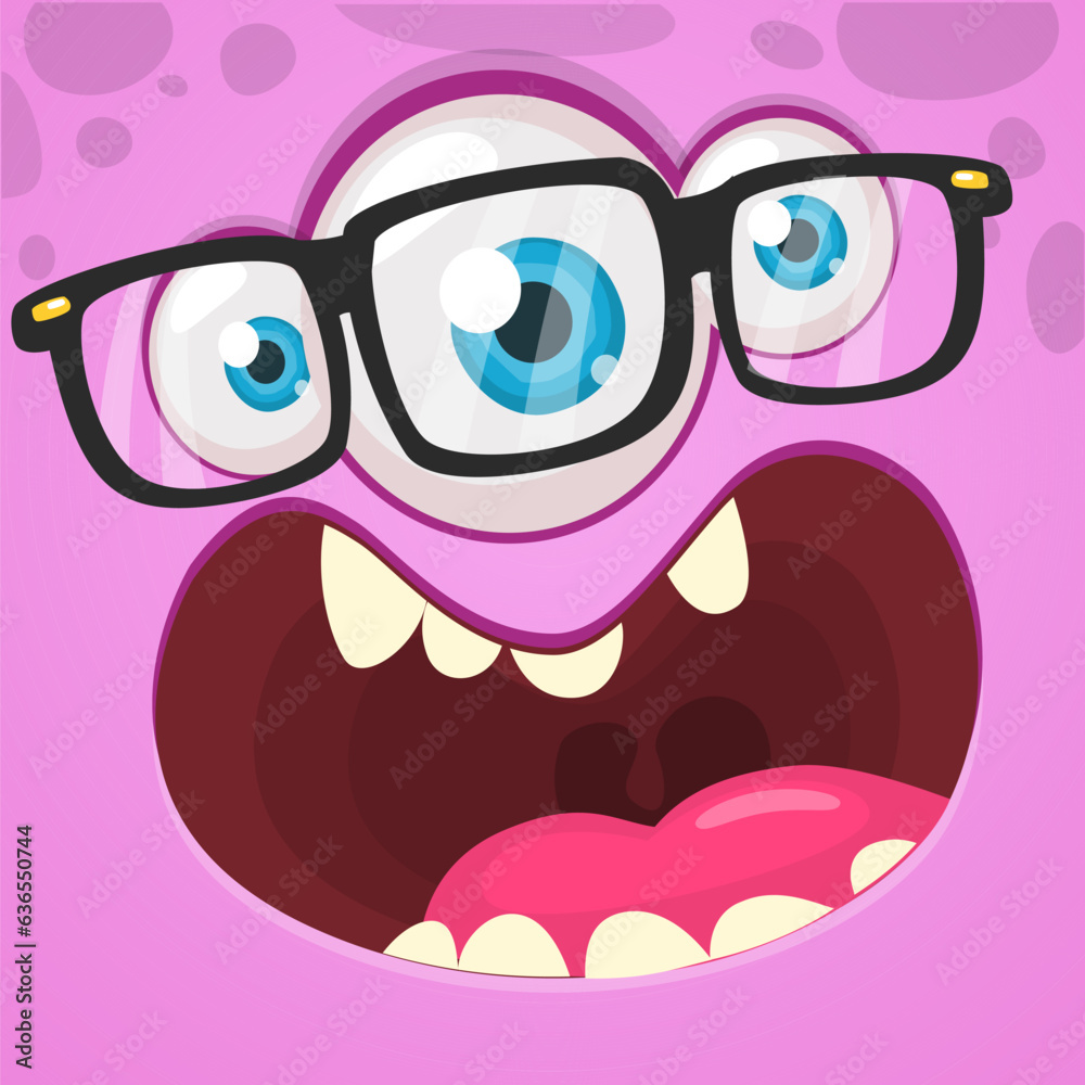 Cartoon monster or alien face with three eyes wearing eyeglasses ...