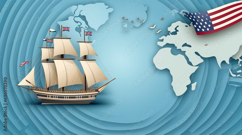 AI generated, happy columbus day Greeting card, caravel on blue waves ...