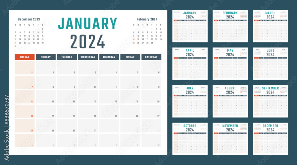 Vetor de 2024 year calendar, calendar design for 2024 starts sunday do ...