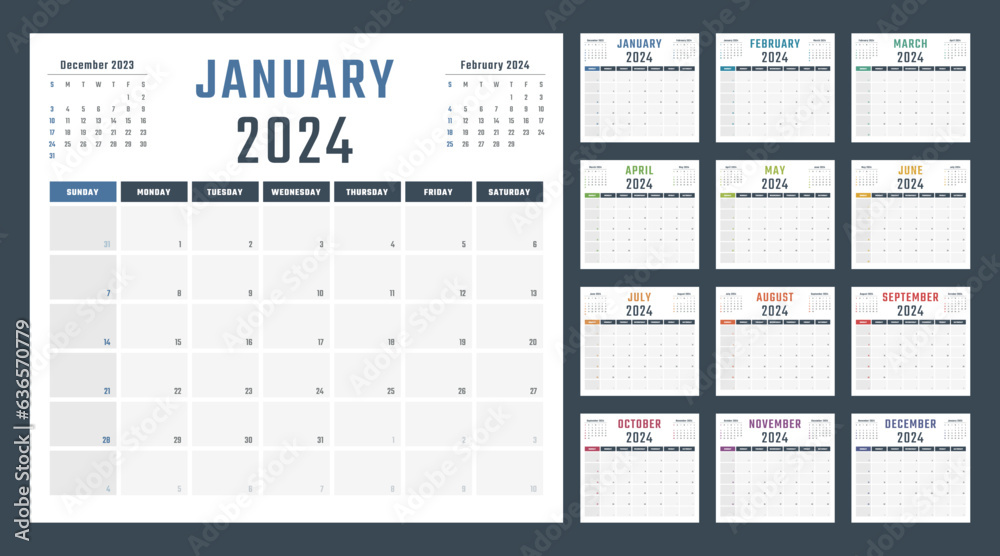 calendar for 2024 starts sunday, vector calendar design 2024 year Stock ...