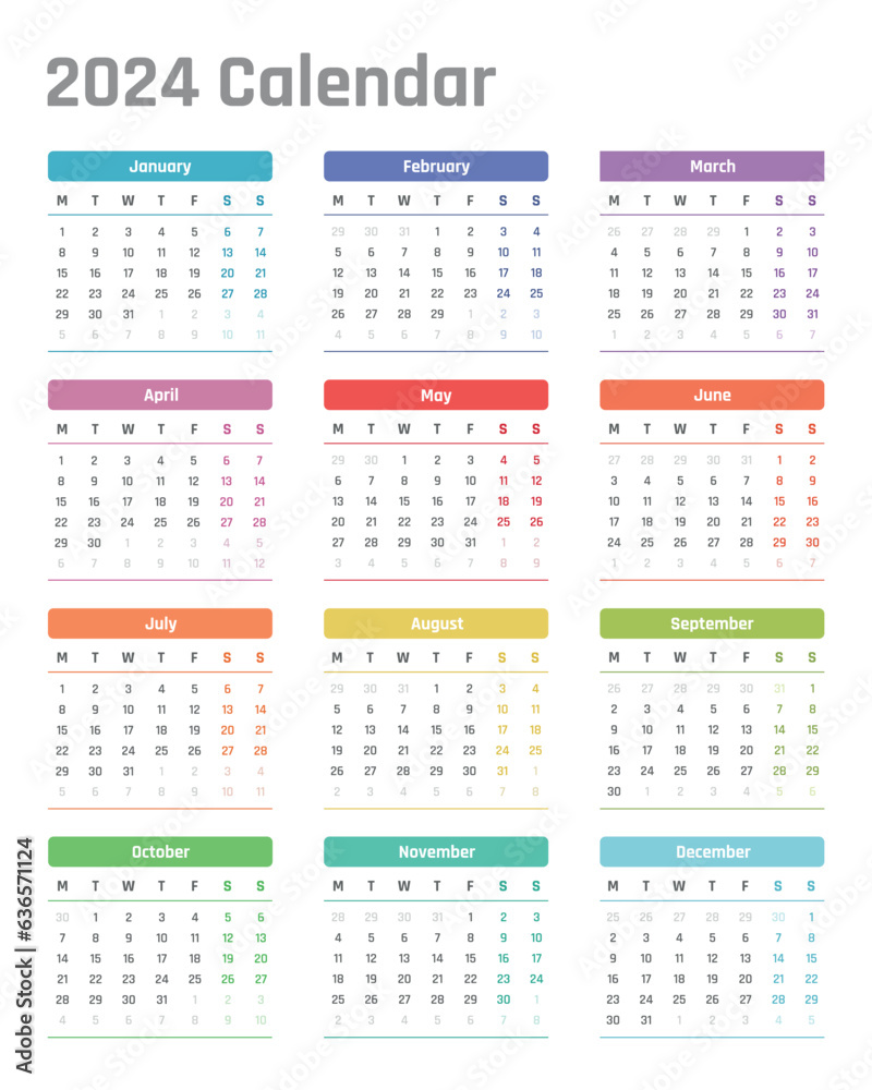 Vetor de 2024 year calendar, calendar design for 2024 starts monday do ...