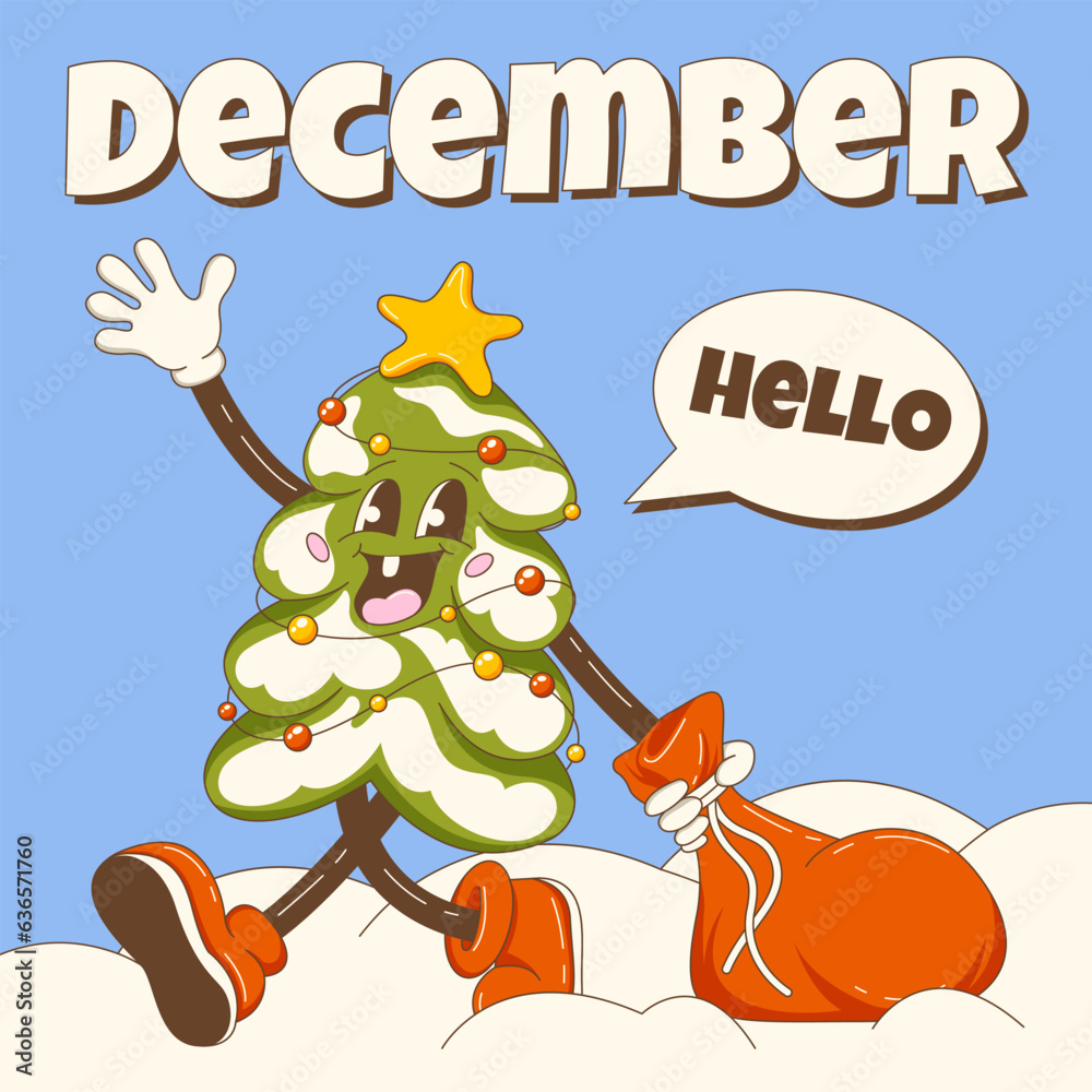 Hello december. Retro groovy christmas tree character greets and goes ...