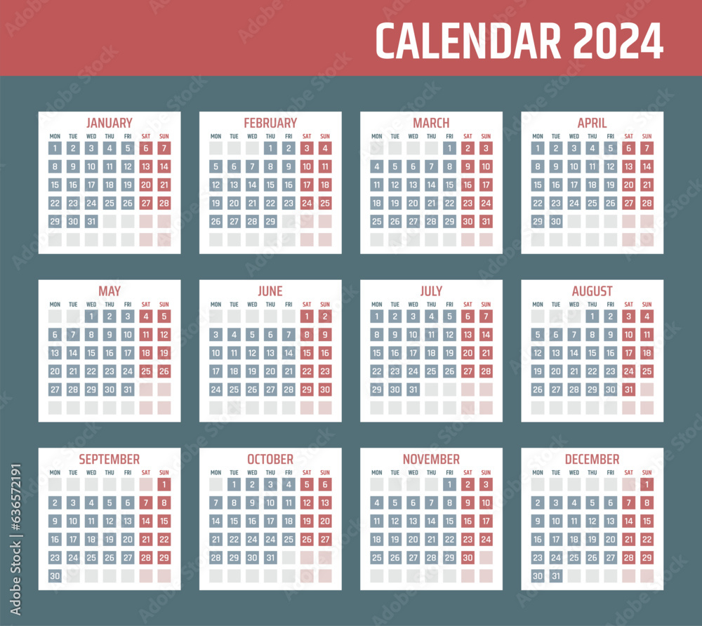 calendar for 2024 starts monday, vector calendar design 2024 year Stock ...