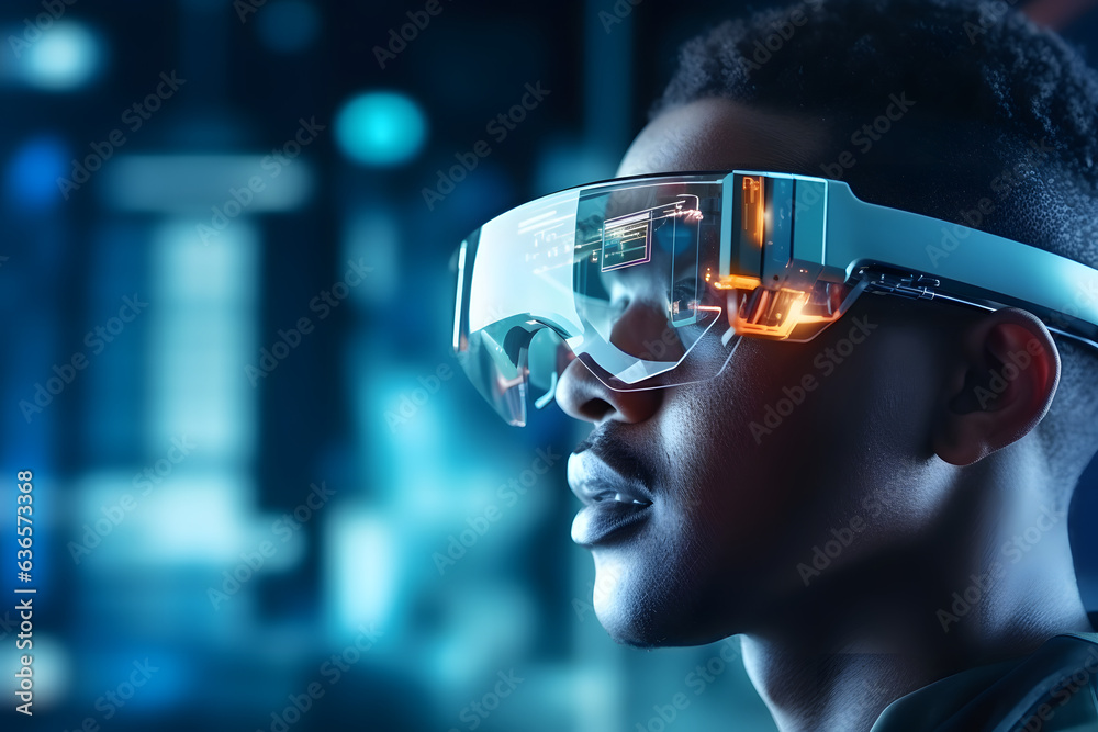 Man using futuristic smart tech glasses, concept of augmented reality ...