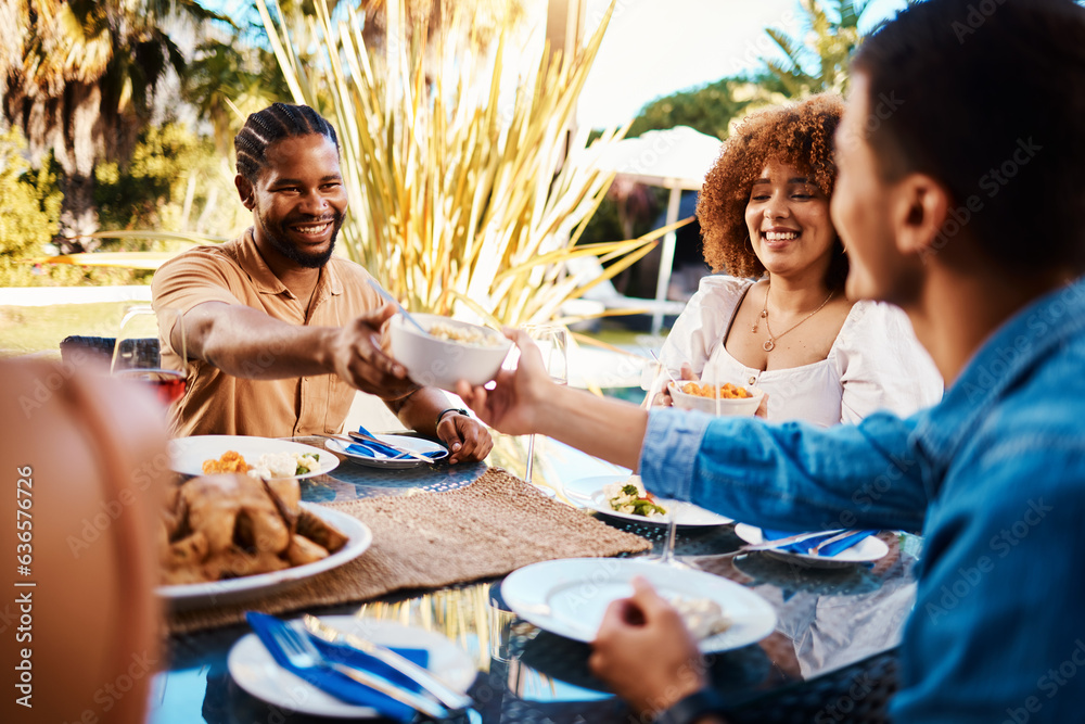 Friends sharing lunch, party in garden and happy event with diversity ...