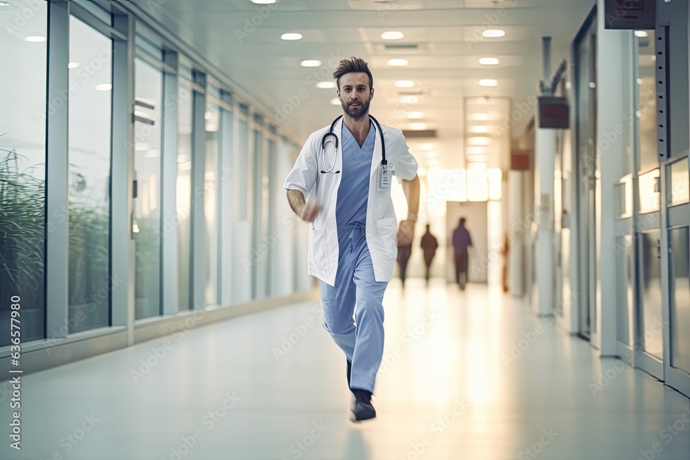 Doctor running in hospital emergency, patient crisis or pager call in ...