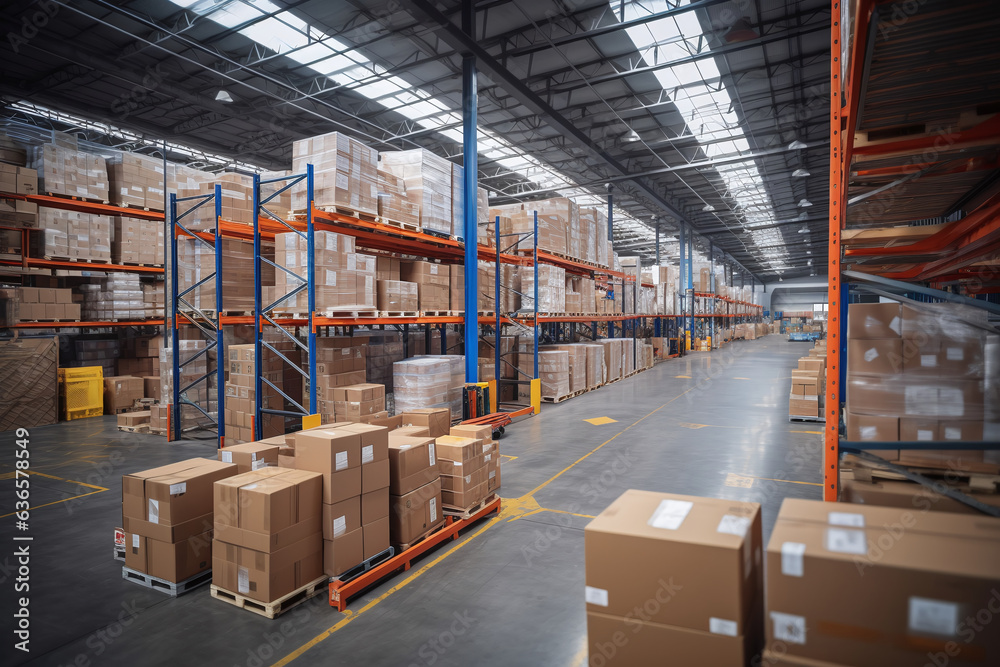 Warehouse with cardboard boxes inside on pallets racks, logistic center ...
