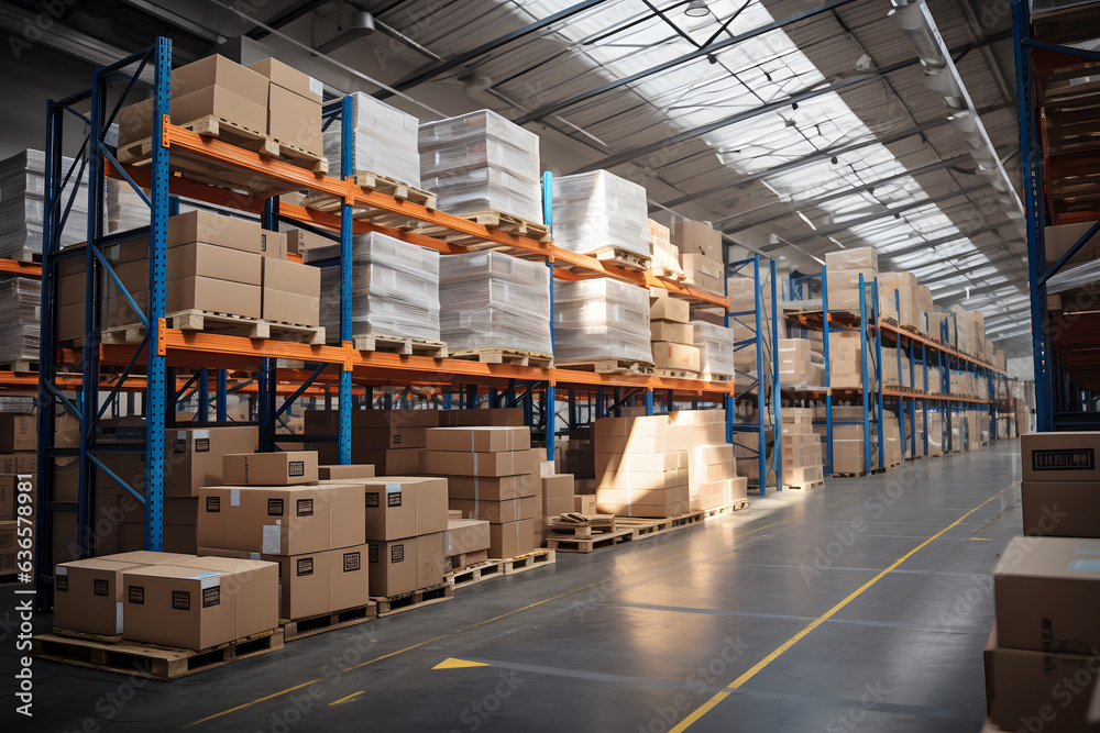 Warehouse with cardboard boxes inside on pallets racks, logistic center ...