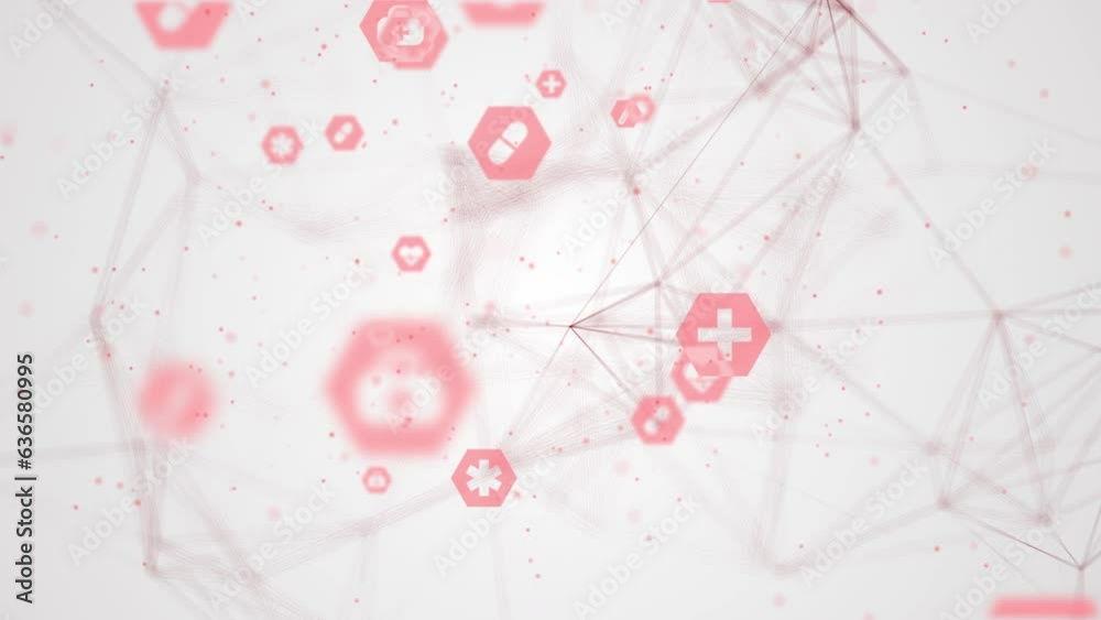 Abstract geometric background with red medical icons. Pexus lines and ...
